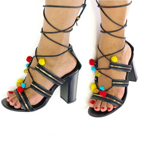 Steve Madden | Shoes | Black Italian Leather Colorful Pom Pom Charm ...